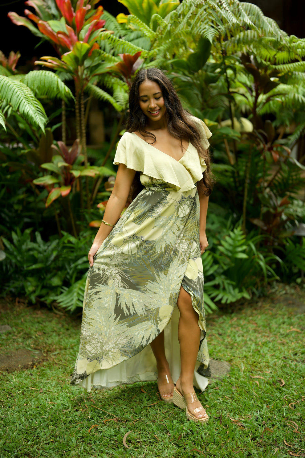 Green Coconut Ruffled V-Neck High-Low Designer Maxi Wrap Dress by David ...