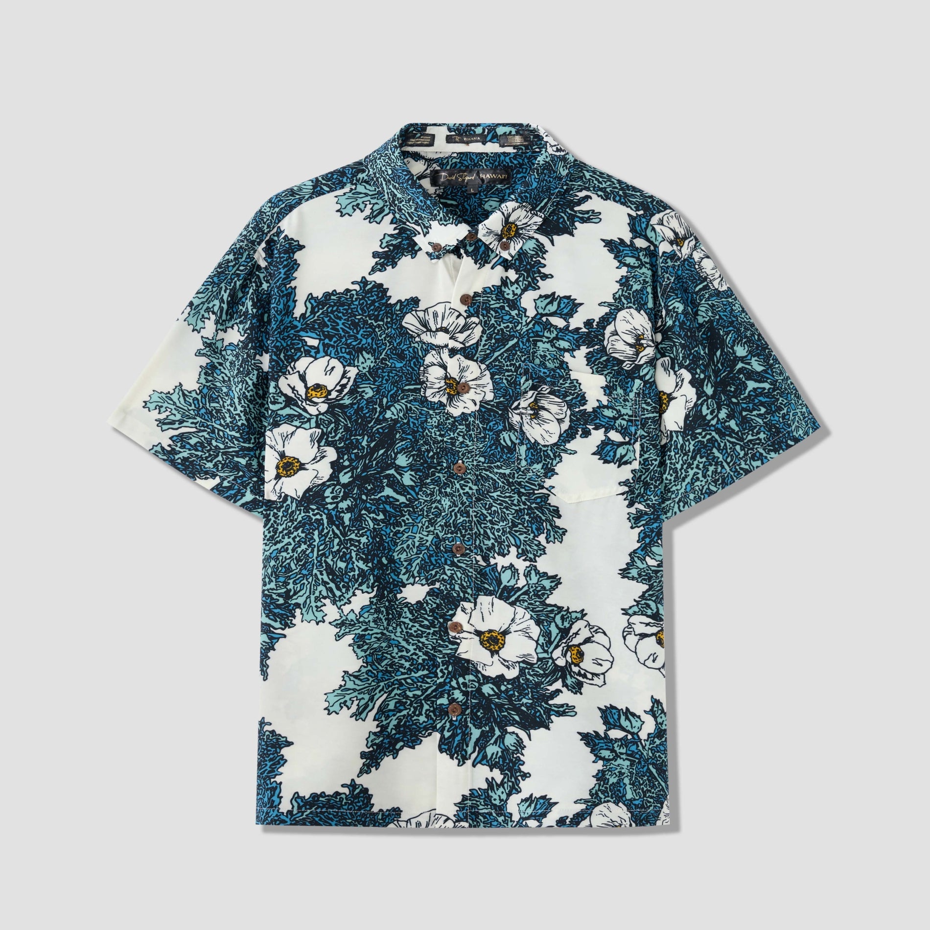 Mens Iron Free Aloha Shirt Puakala Blue On White — David Shepard ...